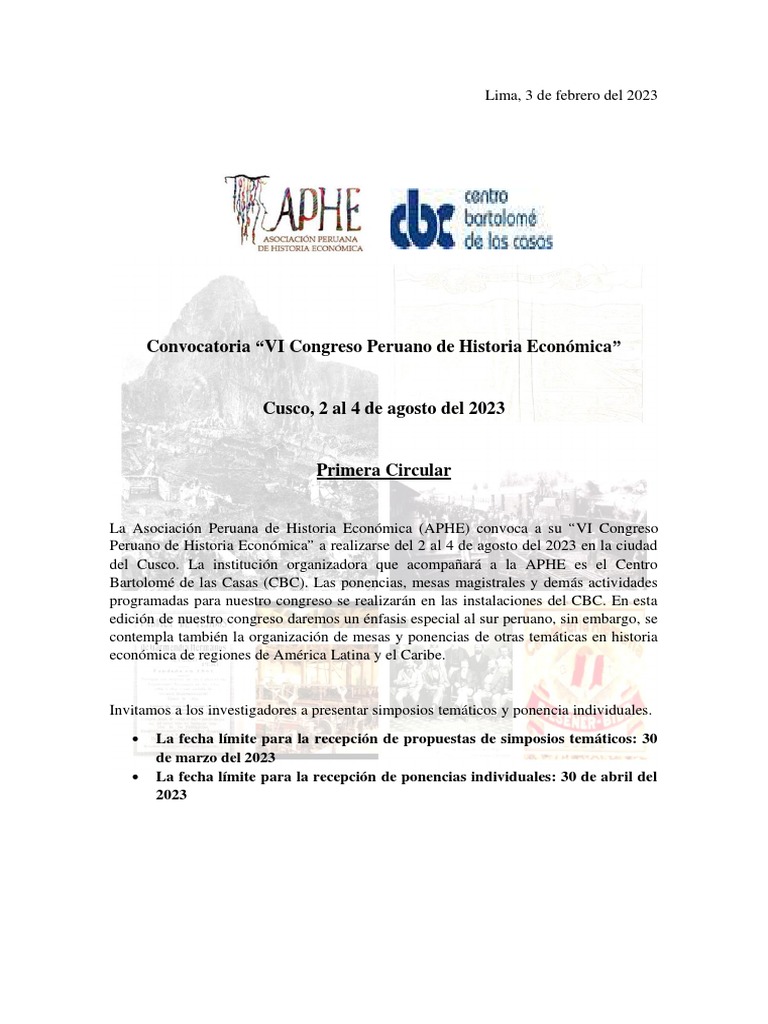 Primera Circular VI Congreso Peruano de Historia Economica APHE 2023 | PDF