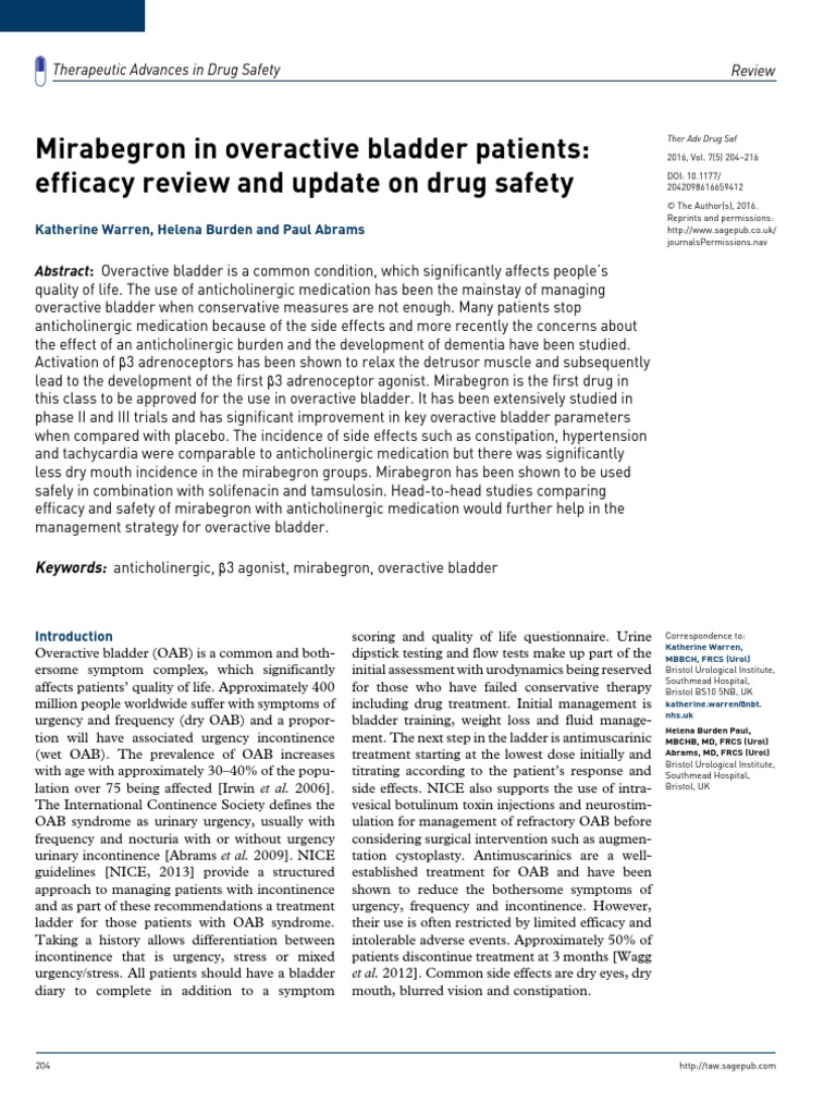 Mirabegron As Drugs For Overactive Bladder | PDF | Urinary Incontinence ...