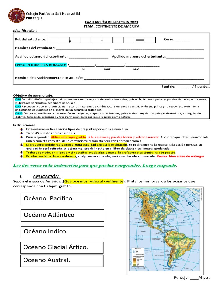 Evaluación Historia: Continente América | PDF | Américas | América del Sur