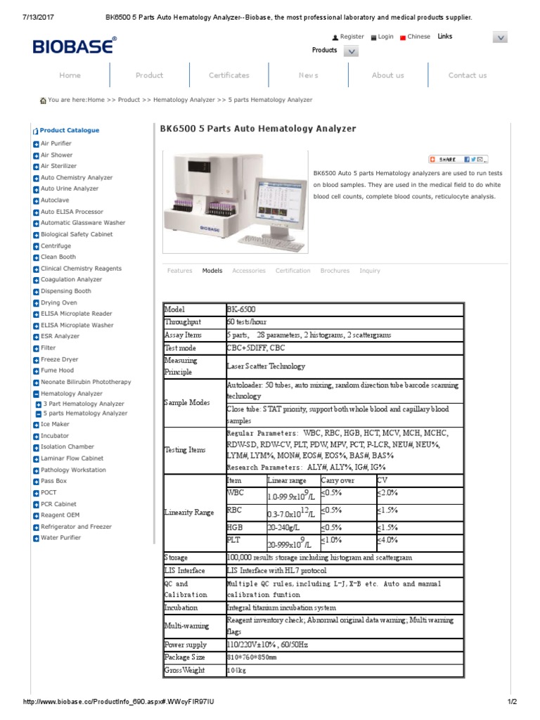BK6500 5-Part Hematology Analyzer | PDF | Medical Specialties | Chemistry