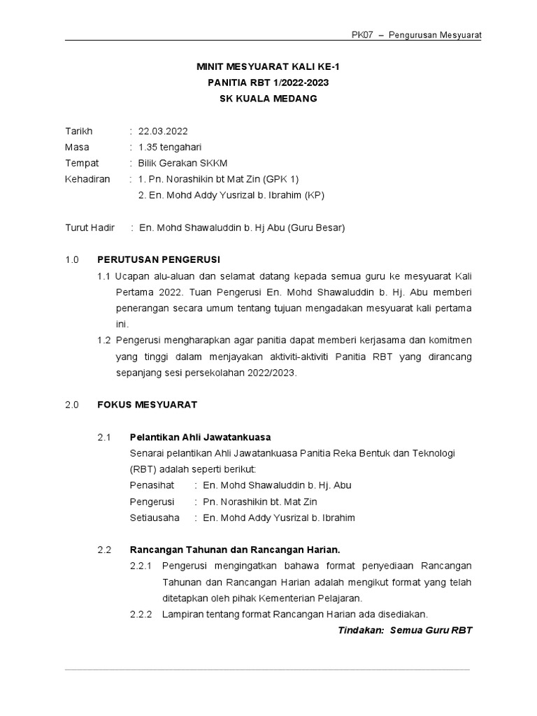 Panitia RBT MINIT 1 2022 | PDF