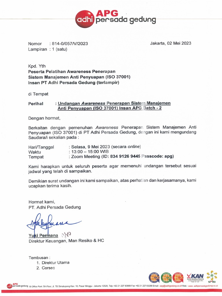 Undangan Pelatihan Awareness Penerapan Sistem Manajemen Anti Penyuapan (ISO 37001) Batch 2 Insan ...