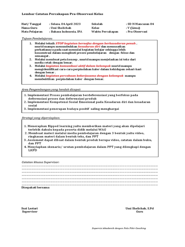 Lampiran 4 - Lembar Catatan Percakapan Pra-Observasi Kelas | PDF Lampiran 4 - Lembar Catatan Percakapan Pra-Observasi Kelas | PDF