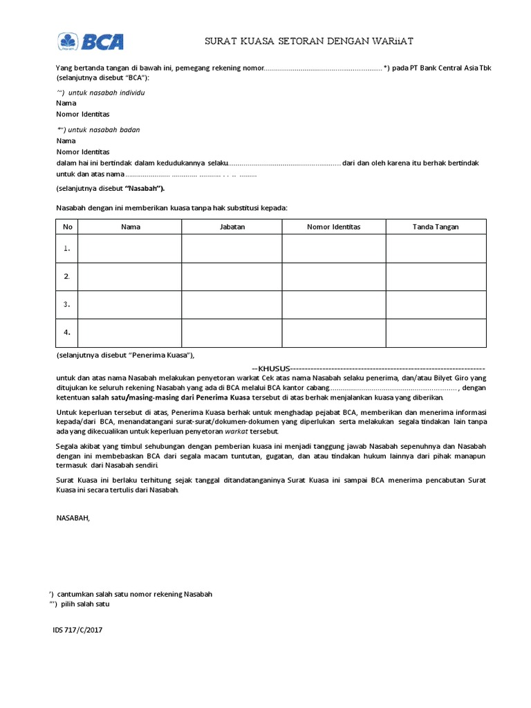 Surat Kuasa Setoran Warkat BCA | PDF