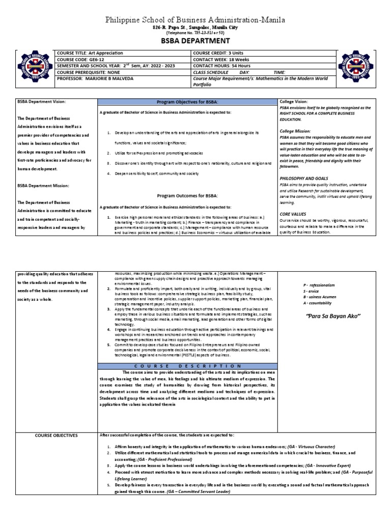 Ge4-11 MMW For Bsba - Syllabus Ay 2022 - 2023 | PDF