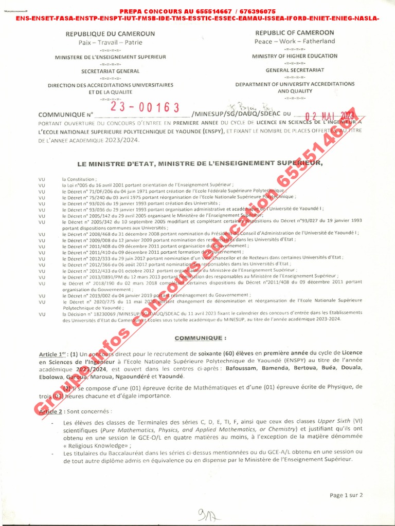 CONCOURS ENSPY 2023 BAC Sciences INGEN | PDF | Organismes éducatifs ...