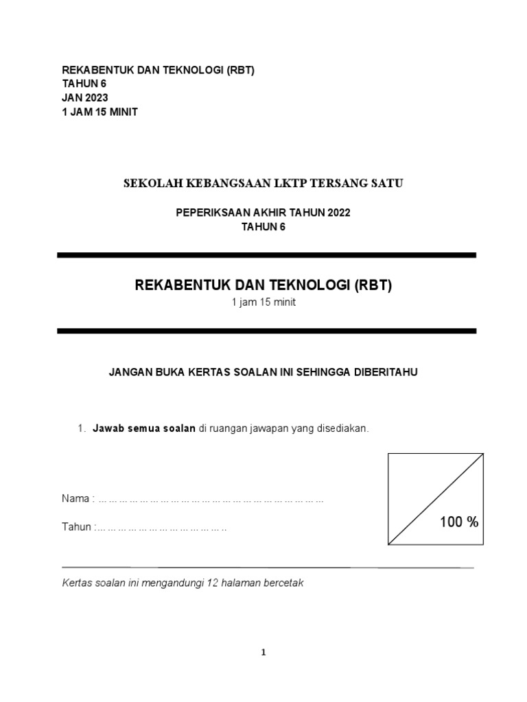 Soalan Peperiksaan RBT Tahun 6 | PDF