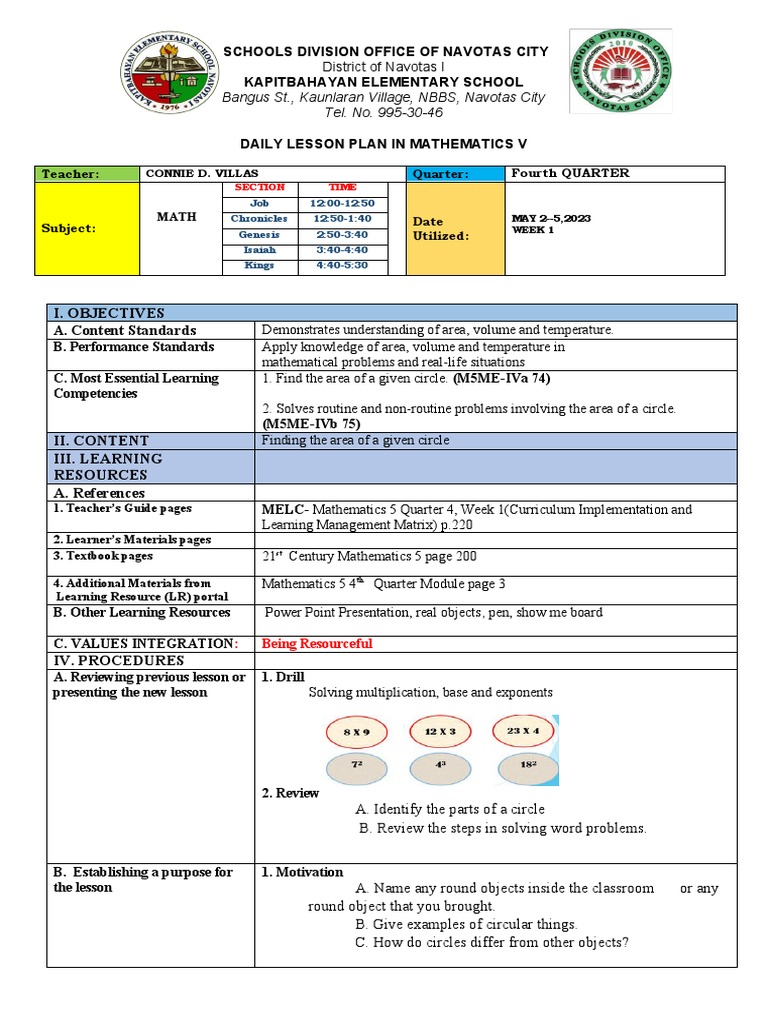 Grade 5 Circle Area Lesson Plan | PDF