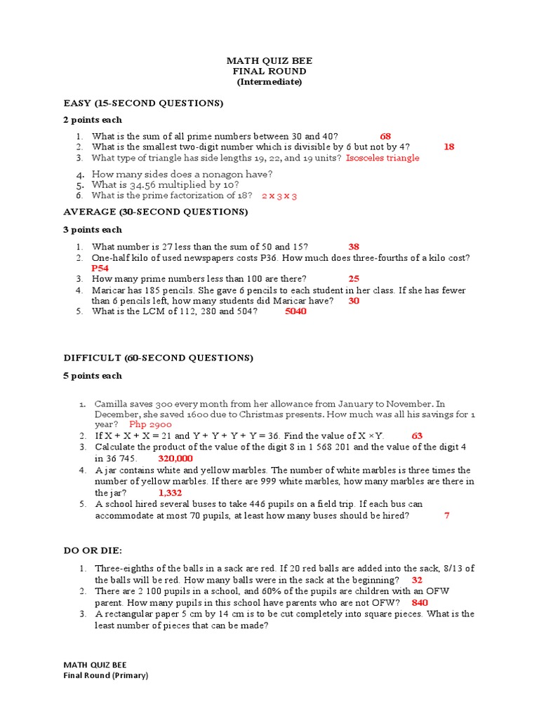 MATH QUIZ BEE Final Round Intermediate | PDF | Arithmetic | Mathematics MATH QUIZ BEE Final Round Intermediate | PDF | Arithmetic | Mathematics