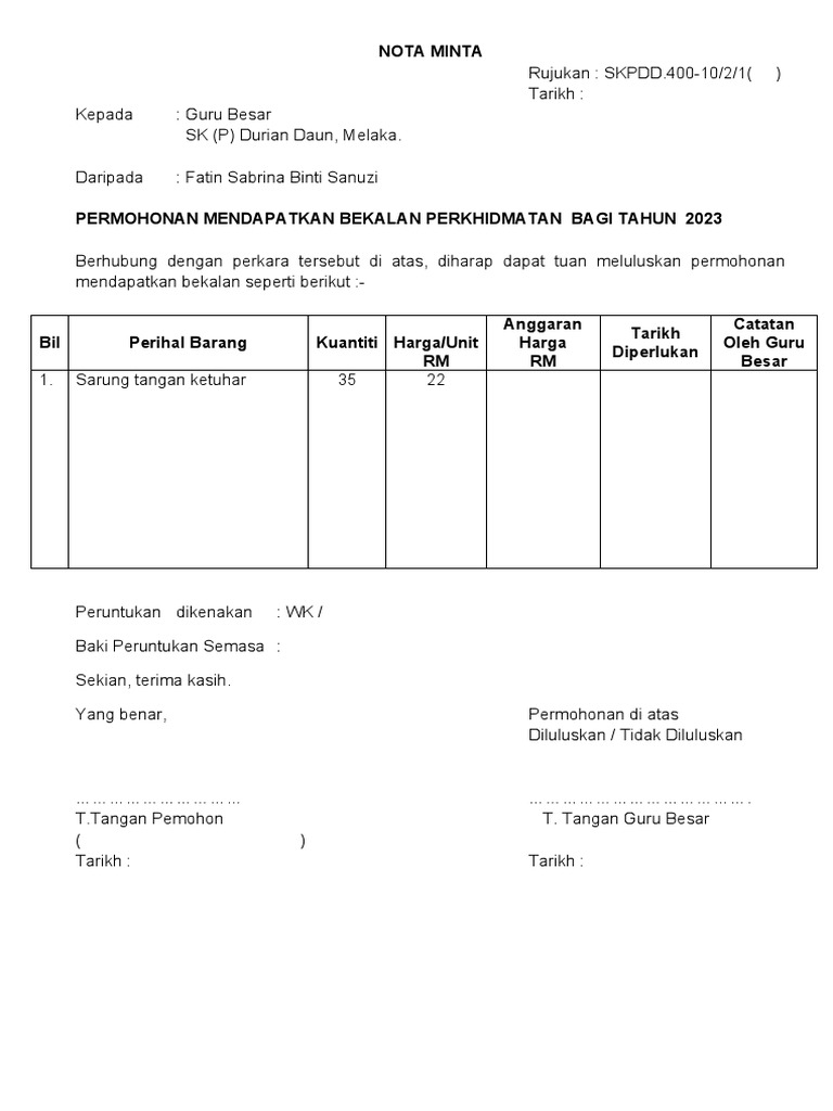 Contoh NOTA MINTA | PDF