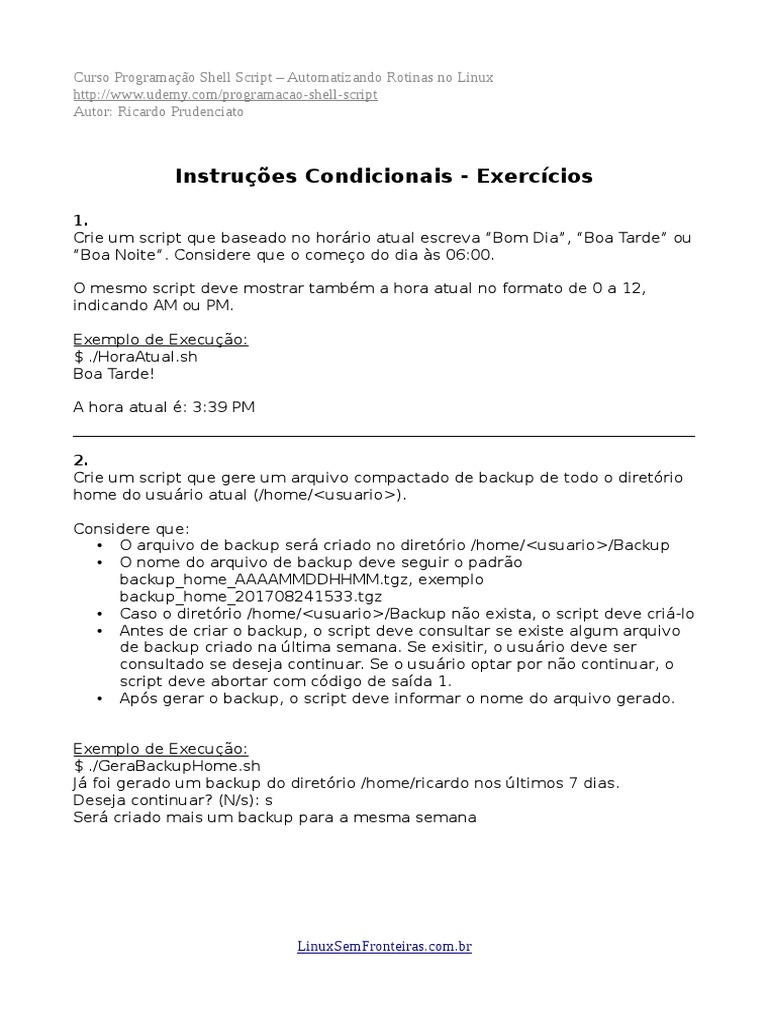 CursoShellScript - Instrucoes Condicionais - Lista de Exercicios | PDF ...