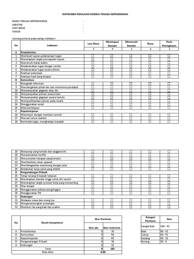 Format Penilaian Kinerja Tenaga Kependidikan | PDF