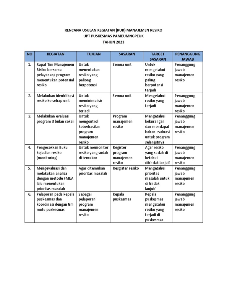 Rencana Usulan Kegiatan (Ruk) Manajemen Resiko | PDF