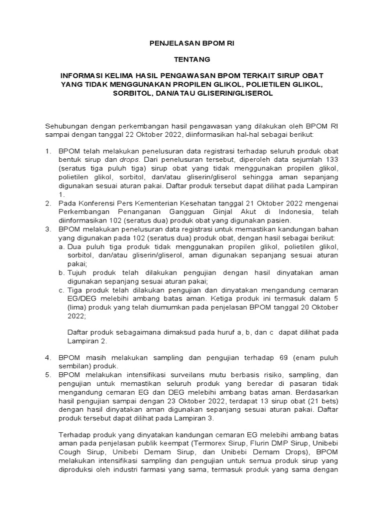 Penjelasan Bpom Ri Tentang Hasil Pengawasan | PDF