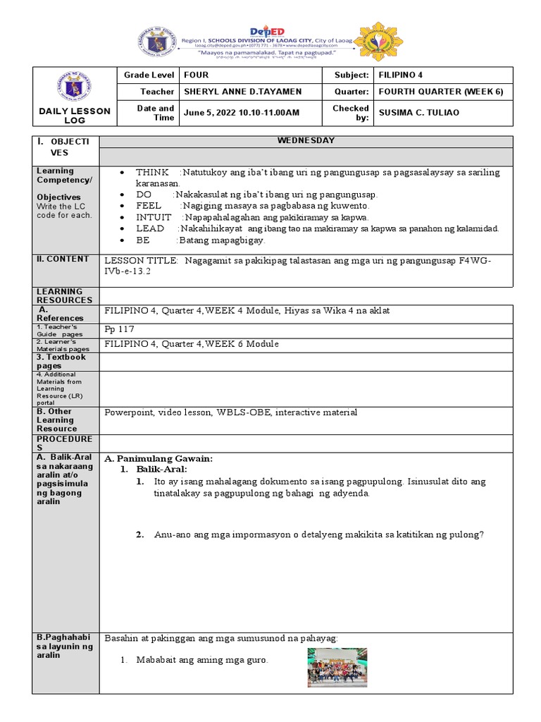 DLL Cot Filipino Quarter 4 Week 4 | PDF