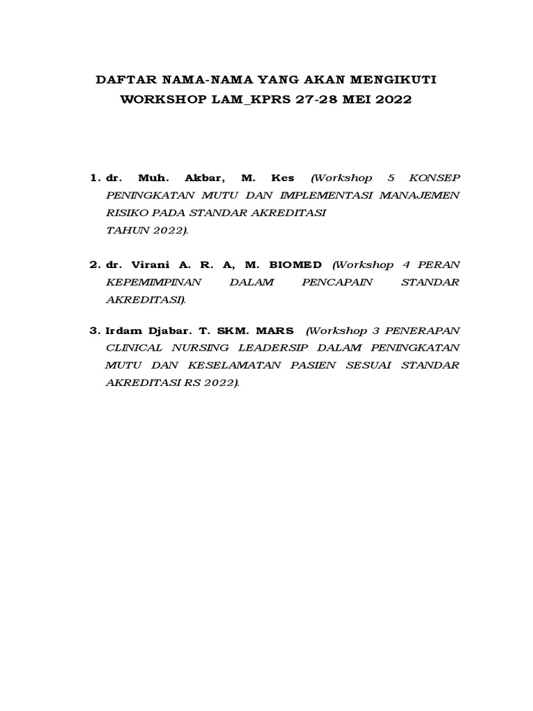 Daftar Nama Workshop | PDF