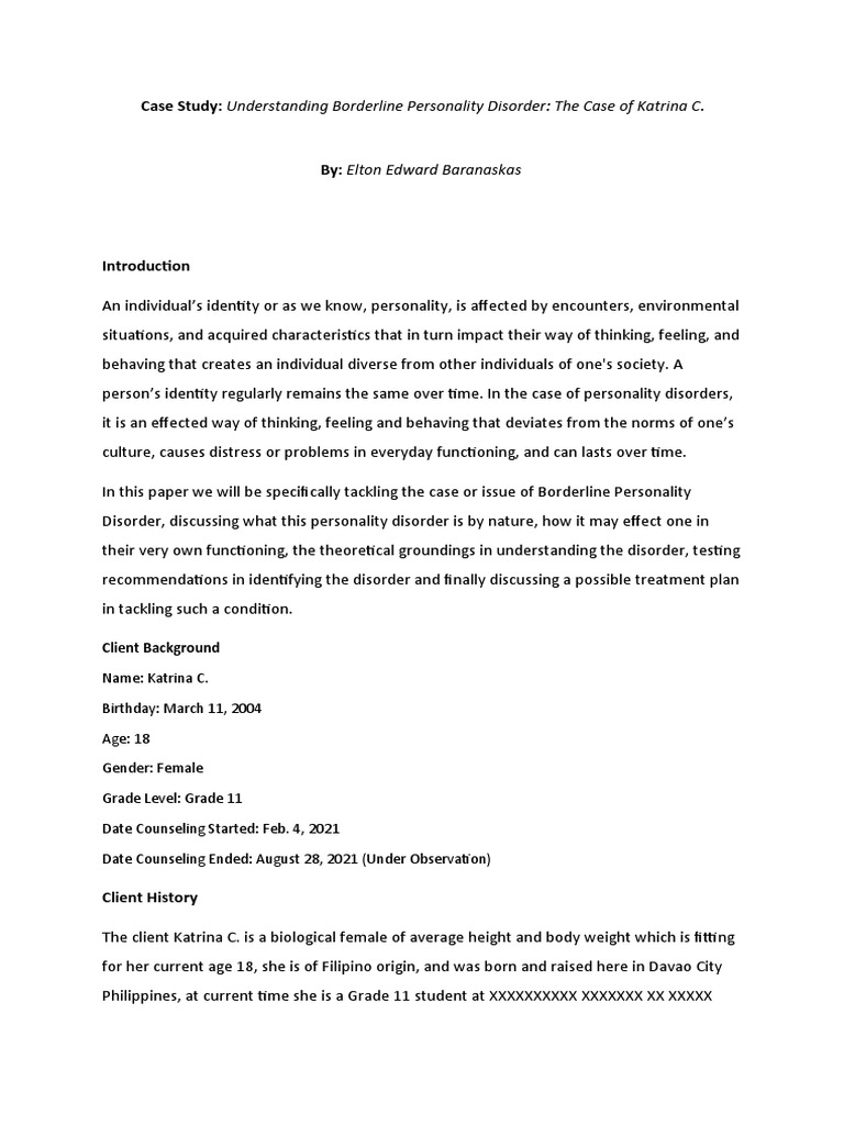 Case Study: Understanding Borderline Personality Disorder: The Case of ...