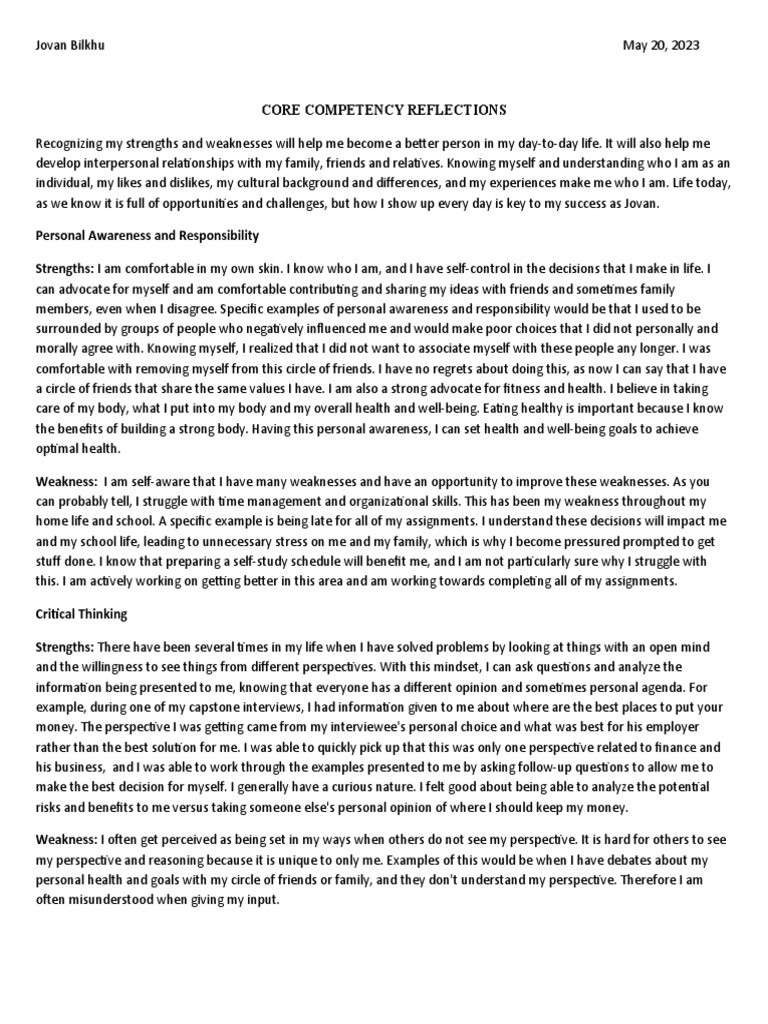 Core Competency Reflection May 20 2023 | PDF | Psychology | Cognition