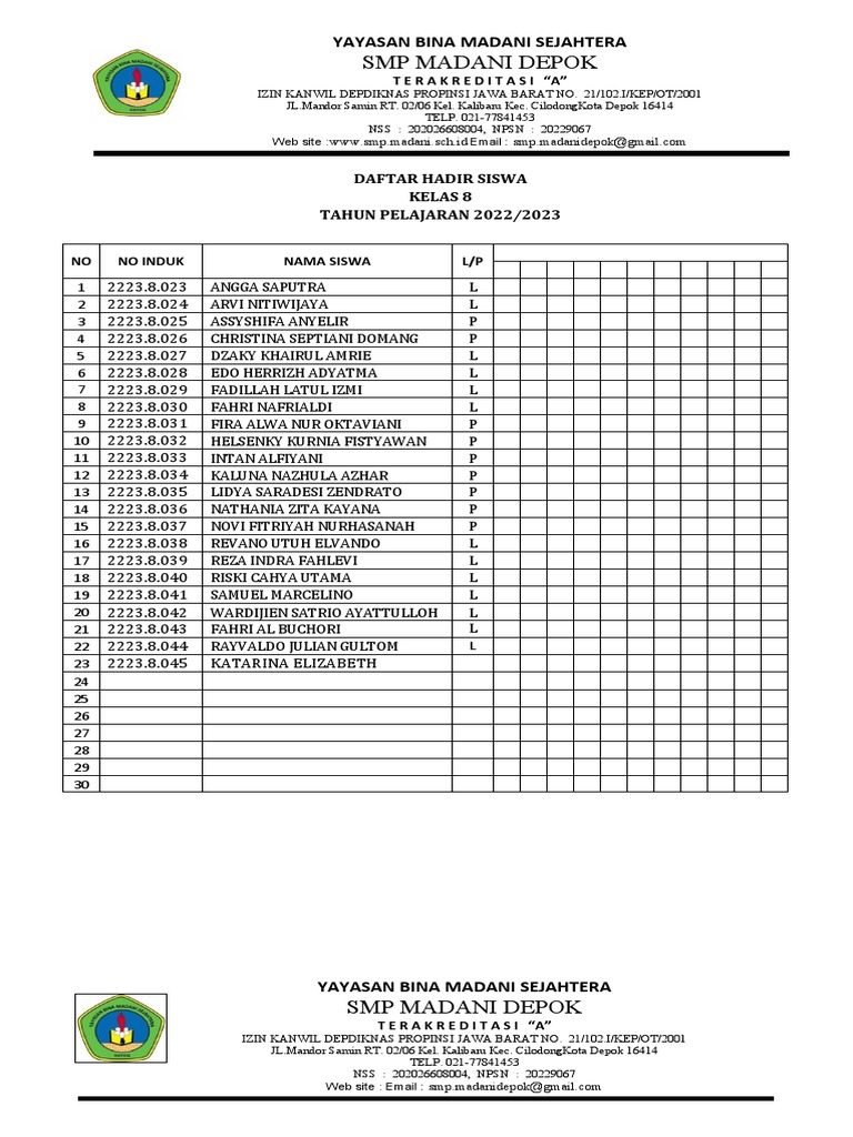 Daftar Hadir Siswa SMP Tapel 22-23 Absen | PDF