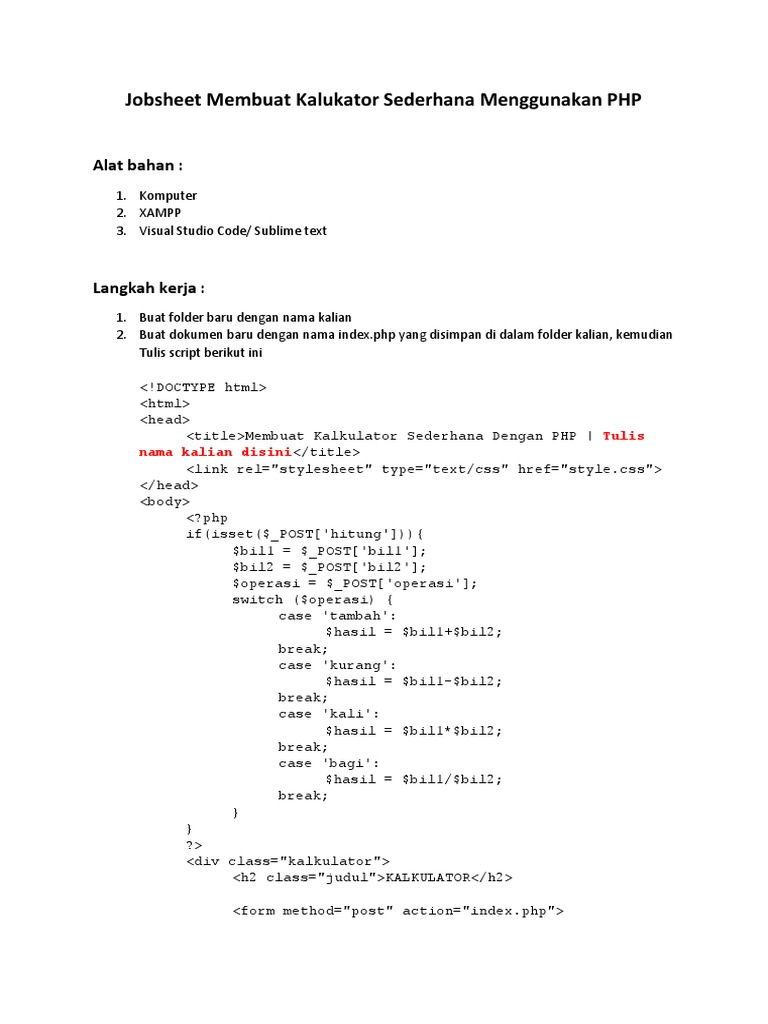Jobsheet Membuat Kalukator Sederhana Menggunakan PHP | PDF