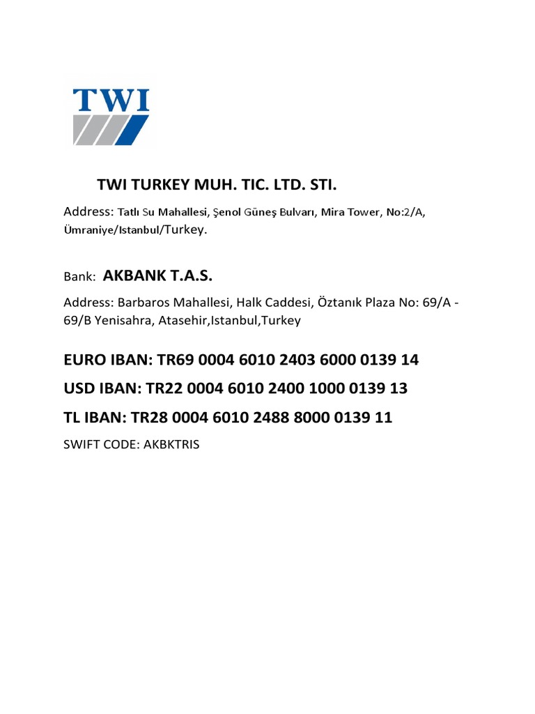TWI Turkey Bank Details | PDF
