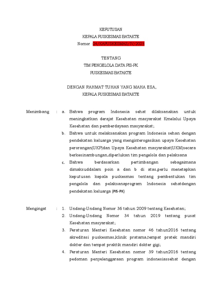 AKRE.2.5.1.a... SK Tim Pengelola Data PIS-PK | PDF