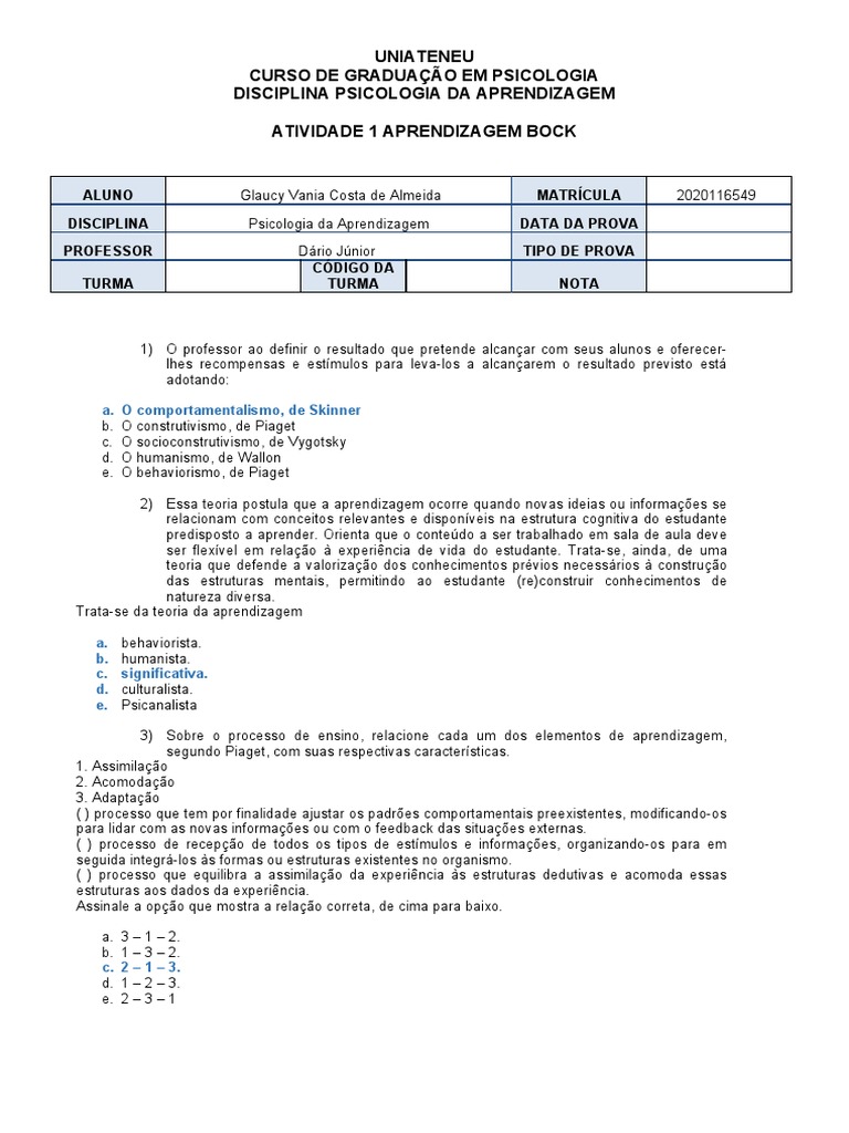 Atividade 1 Texto Bock | PDF | Aprendizado | Behaviorismo