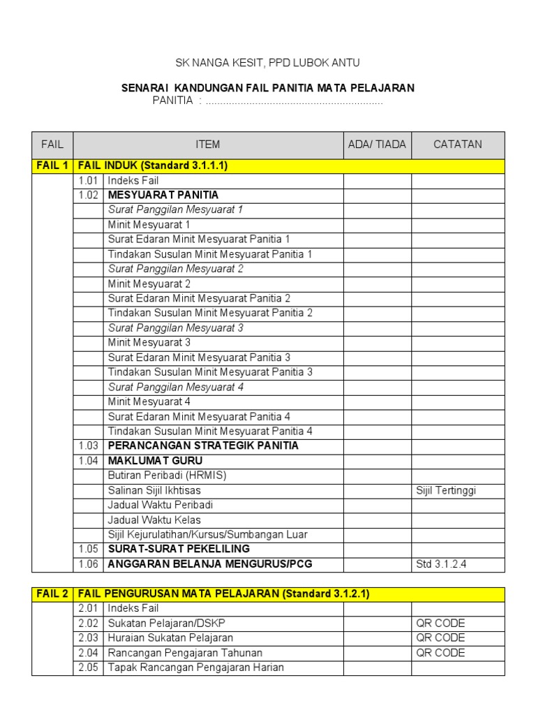 senarai semak fail panitia | PDF