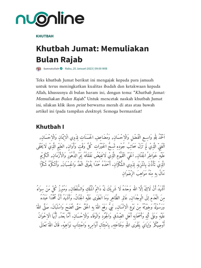 Khutbah Jumat Memuliakan Bulan Rajab NU Online | PDF