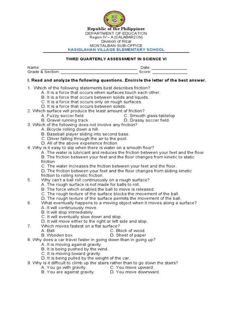 Science 6_3rd Quarter Test | PDF | Friction | Machines