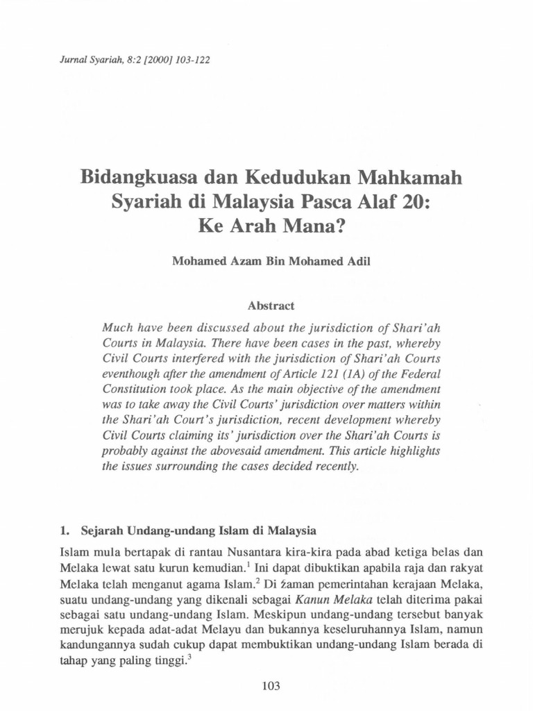 Bidangkuasa Dan Kedudukan Mahkamah Syariah Di Malaysia Pasca Alaf 20 ...