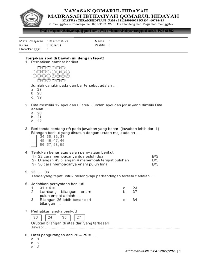 Soal MTM Kelas 1 KKM | PDF