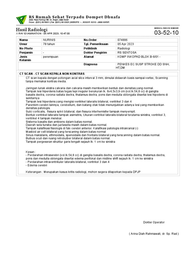 Hasil Radiologi: RS Rumah Sehat Terpadu Dompet Dhuafa | PDF ...