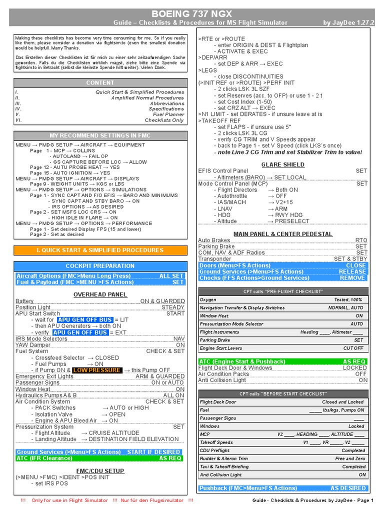 Guide - Checklists & Procedures For Ms Flight Simulator by Jaydee 1.27. ...