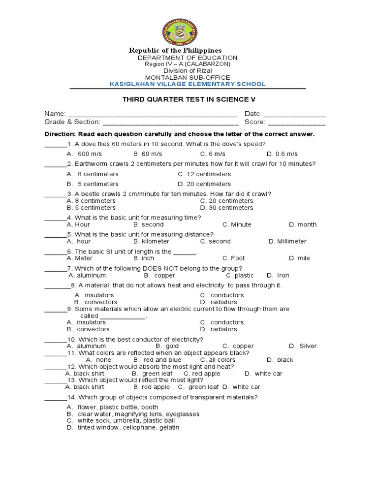 Science 5 - 3rd Quarter Test | PDF | Electricity | Wire