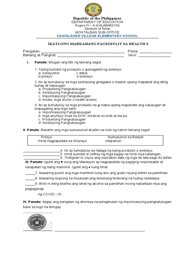 Health Quiz for Grade 3 Students | PDF | Social Science