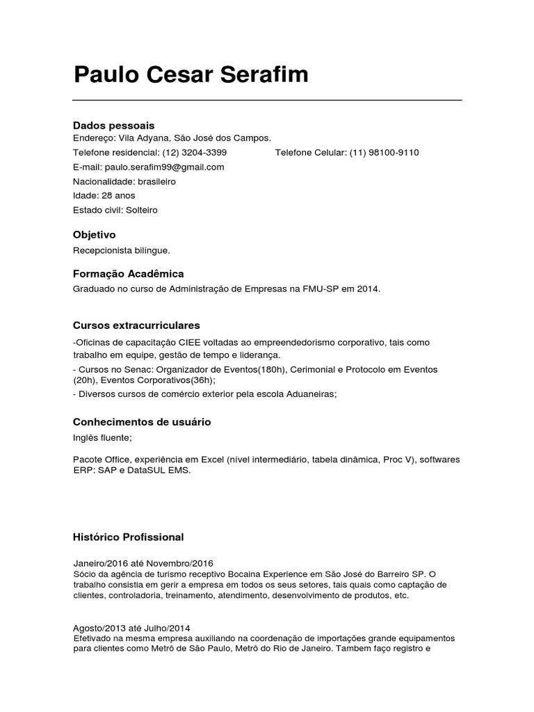 Paulo Cesar Serafim CV Recepcionista Bilingue | PDF