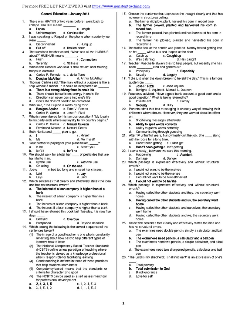 LET REVIEWER 900 Items With Answer Key General Education | PDF ...
