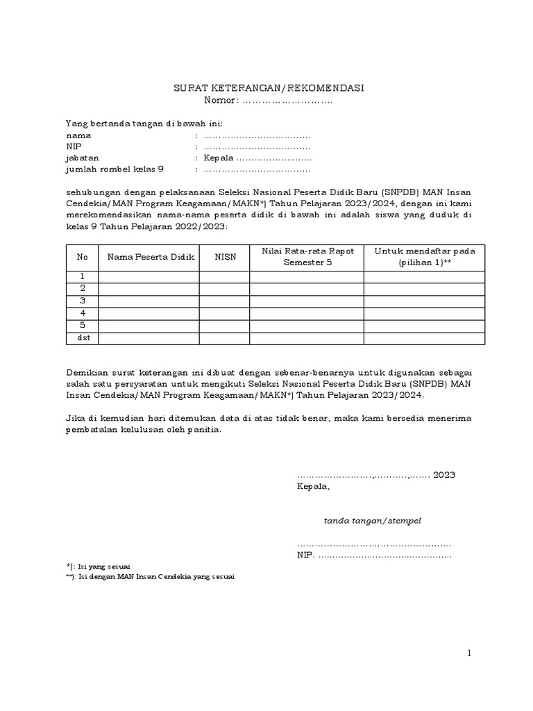Template Surat Rekomendasi | PDF