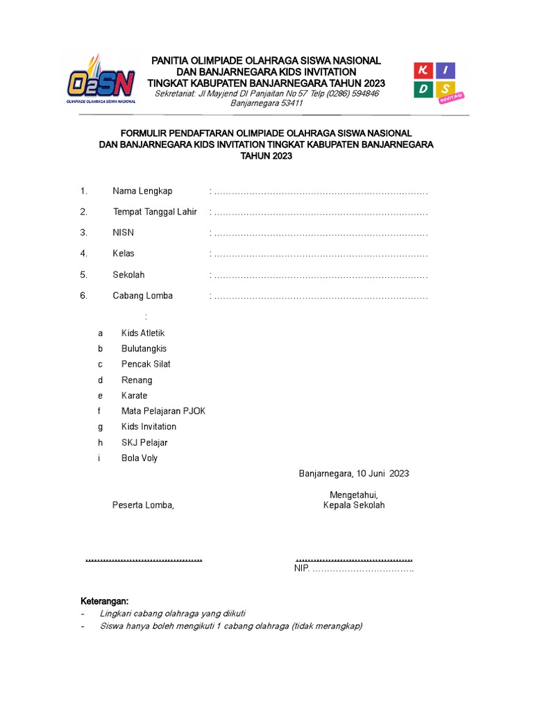 Formulir Pendaftaran O2sn Dan Bki | PDF | Olahraga & Rekreasi