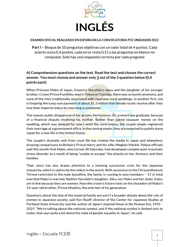 Examen PCE Ingles 2022 Resuelto Escuela PCE | PDF | Monarchy