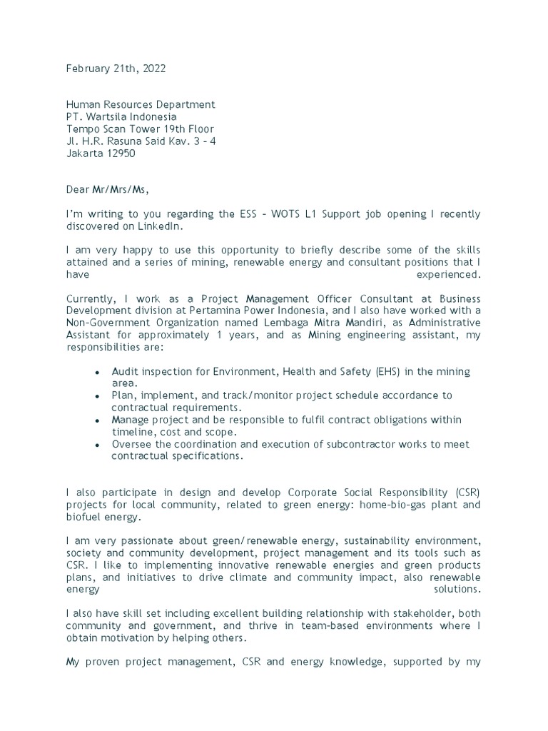 Cover Letter-Wartsila | PDF