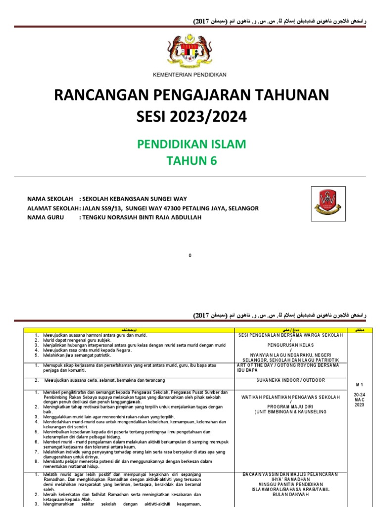 RPT Pendidikan Islam Tahun 6 2023-2024 | PDF