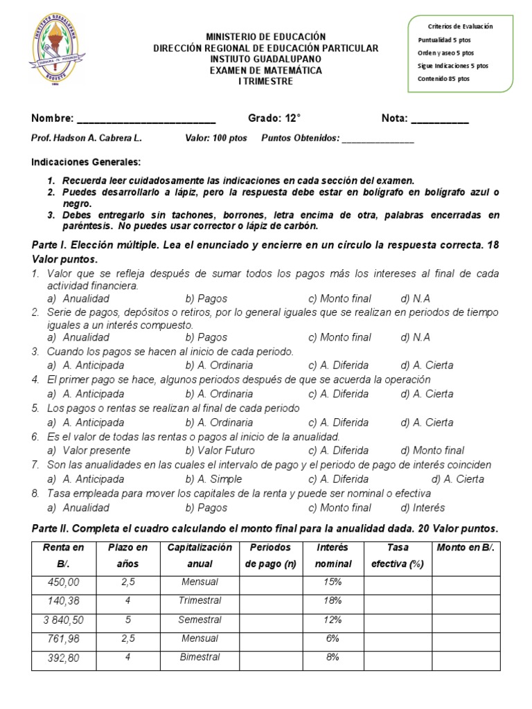 Examen Trimestral de Duodecimo | PDF | Interés | Intervalo (Matemáticas)