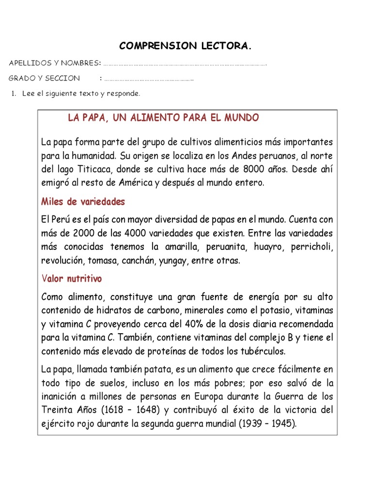 Comprension Lectora | PDF | Patata | Alimentos