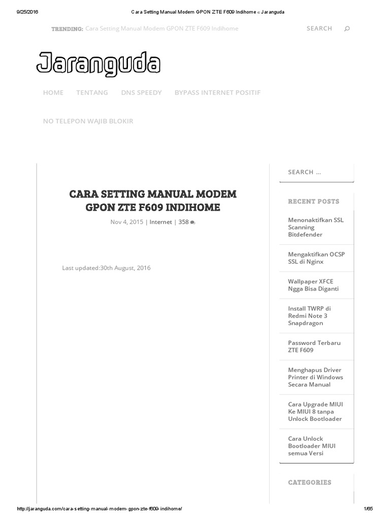 Panduan Setting Modem ZTE F609 Indihome | PDF