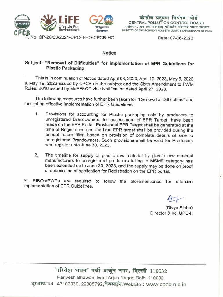 CPCB - Notice - PIBOs PWPs - 07.06..2023 - Removal of Difficulties For ...