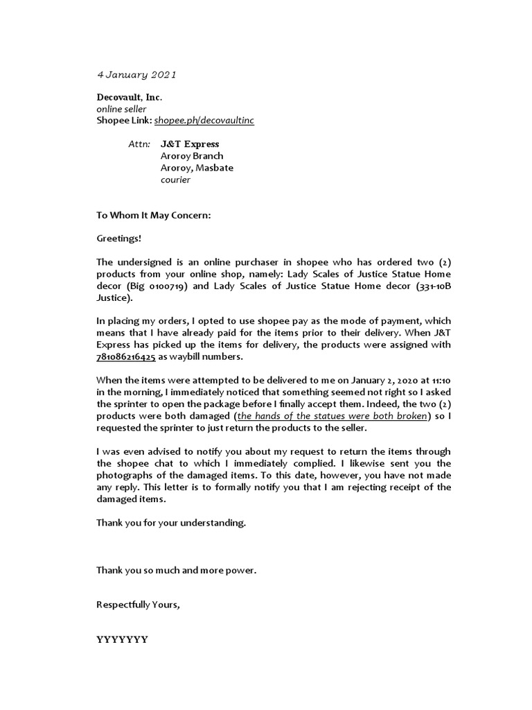 Sample Letter - J&T Return | PDF