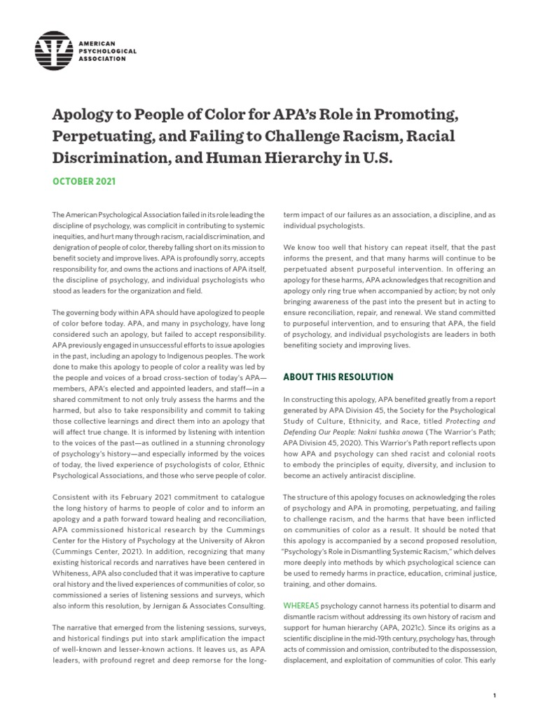 APA - Esolution Racism Apology | PDF