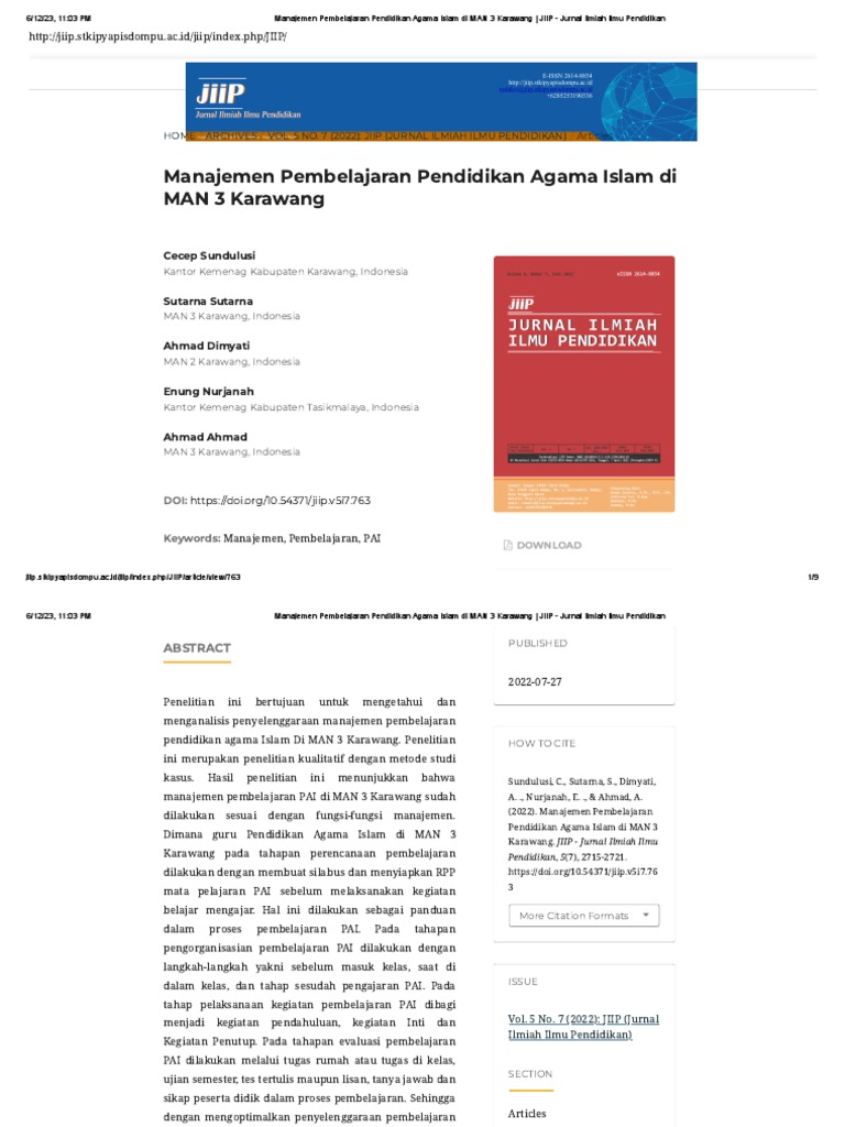Manajemen Pembelajaran Pendidikan Agama Islam Di MAN 3 Karawang - JIIP - Jurnal Ilmiah Ilmu ...